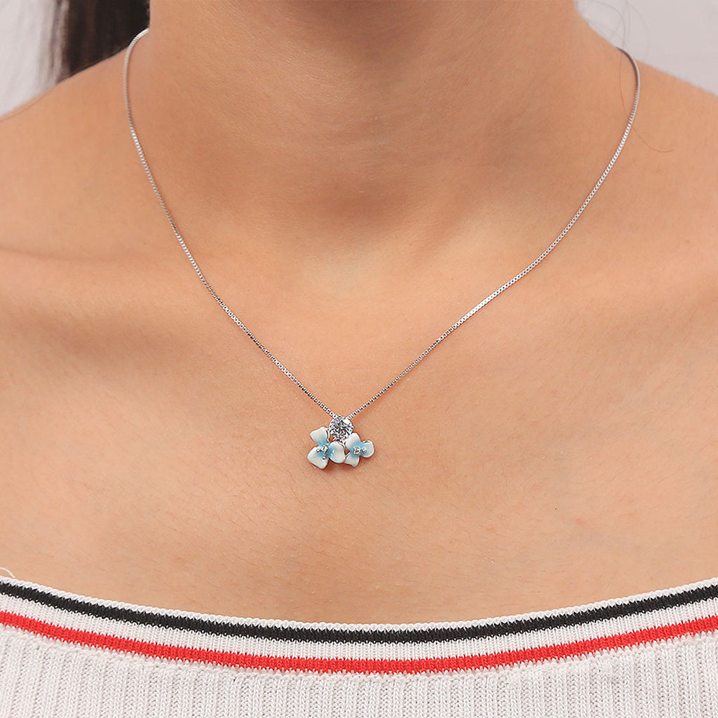 Silver Double Sky Blue Flower Pendant With Chain – Eri Silvers