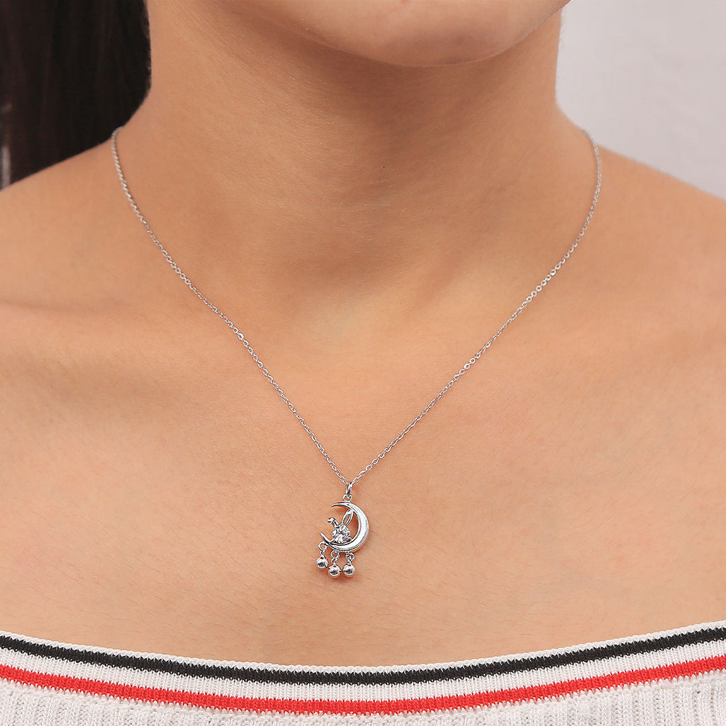 Silver half moon with hanging beads pendant with chain – Eri Silvers