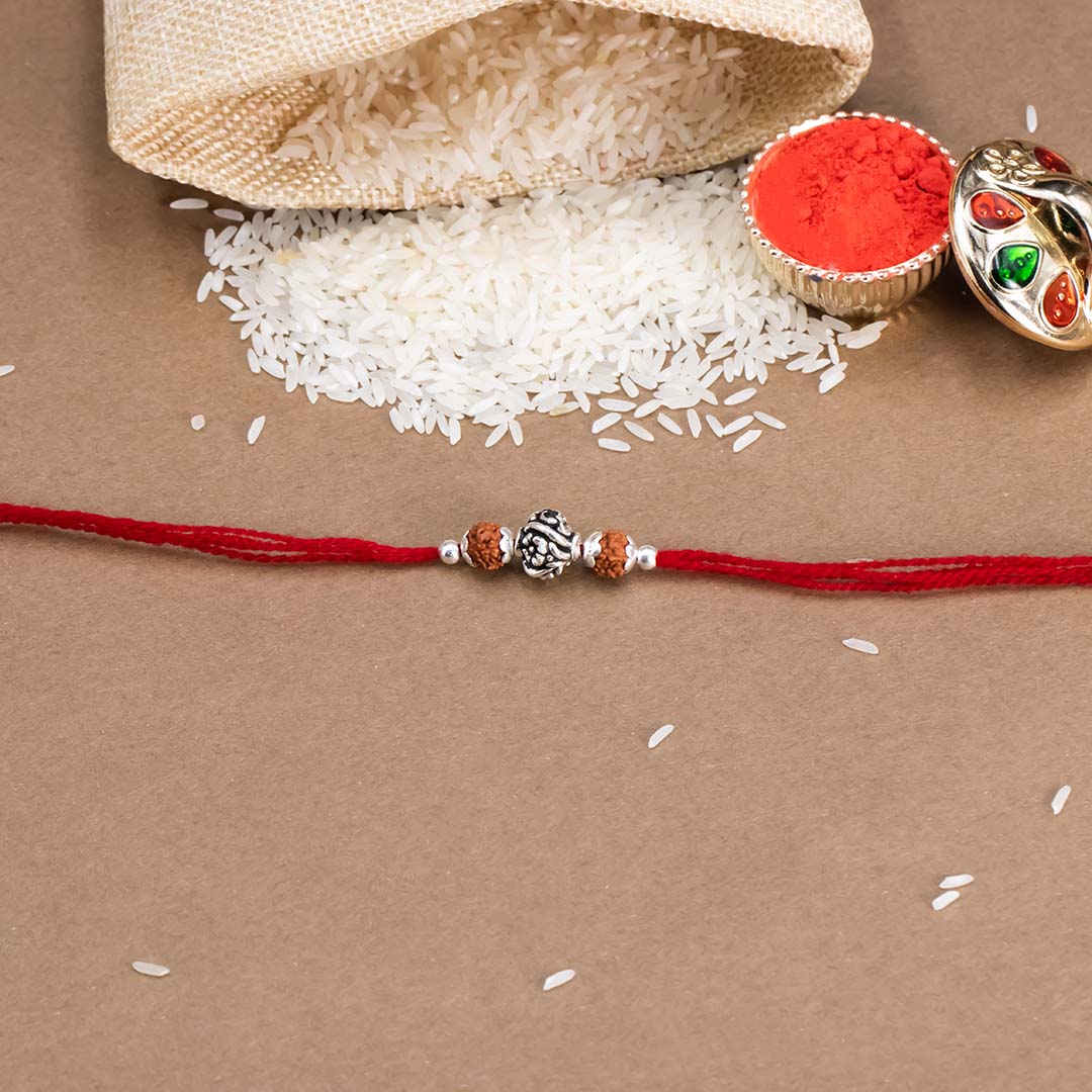 Dual rudraksha with round oxidized beads rakhi silver – Eri Silvers
